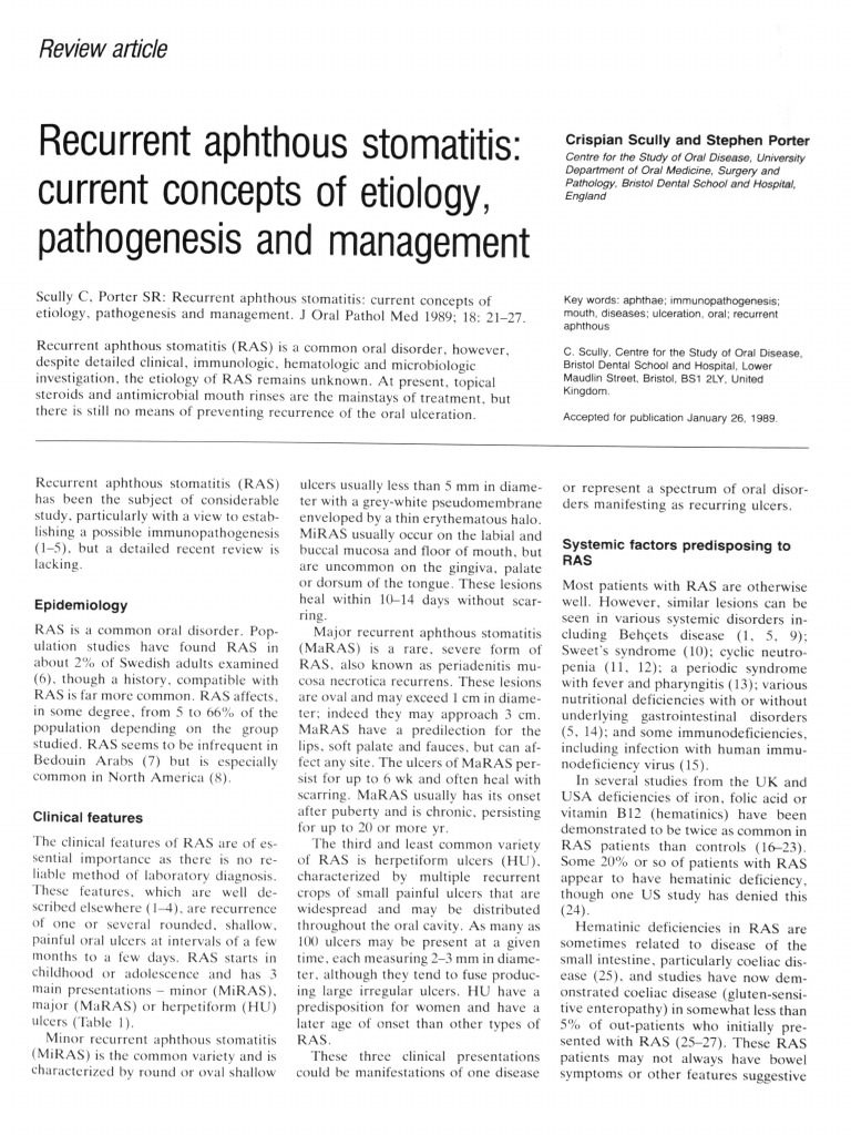 Recurrent Aphthous Stomatitis Current Concepts of Etiology | PDF ...