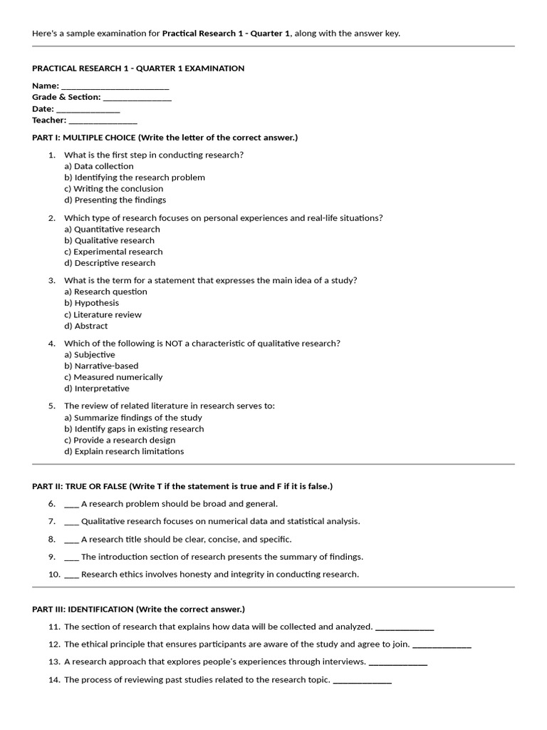 PR 1 EXAMINATION Q1 | PDF | Methodology | Qualitative Research