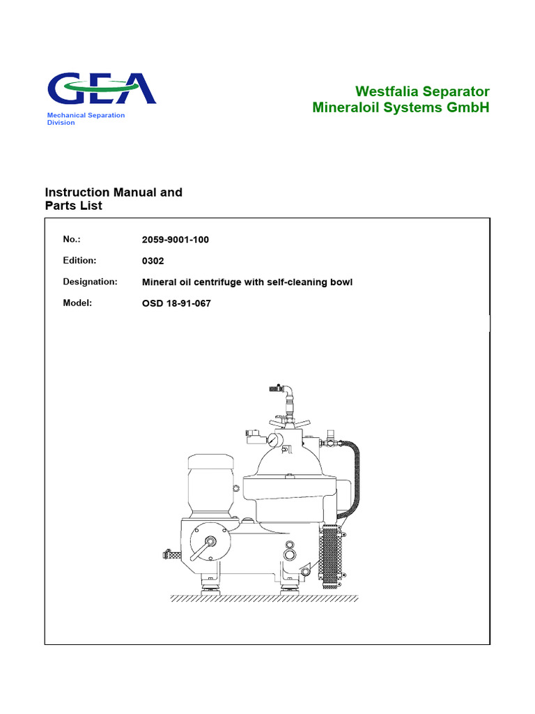 Purifier (Westfalia-OSD18-91) Instruction Manual and Parts List Manual ...