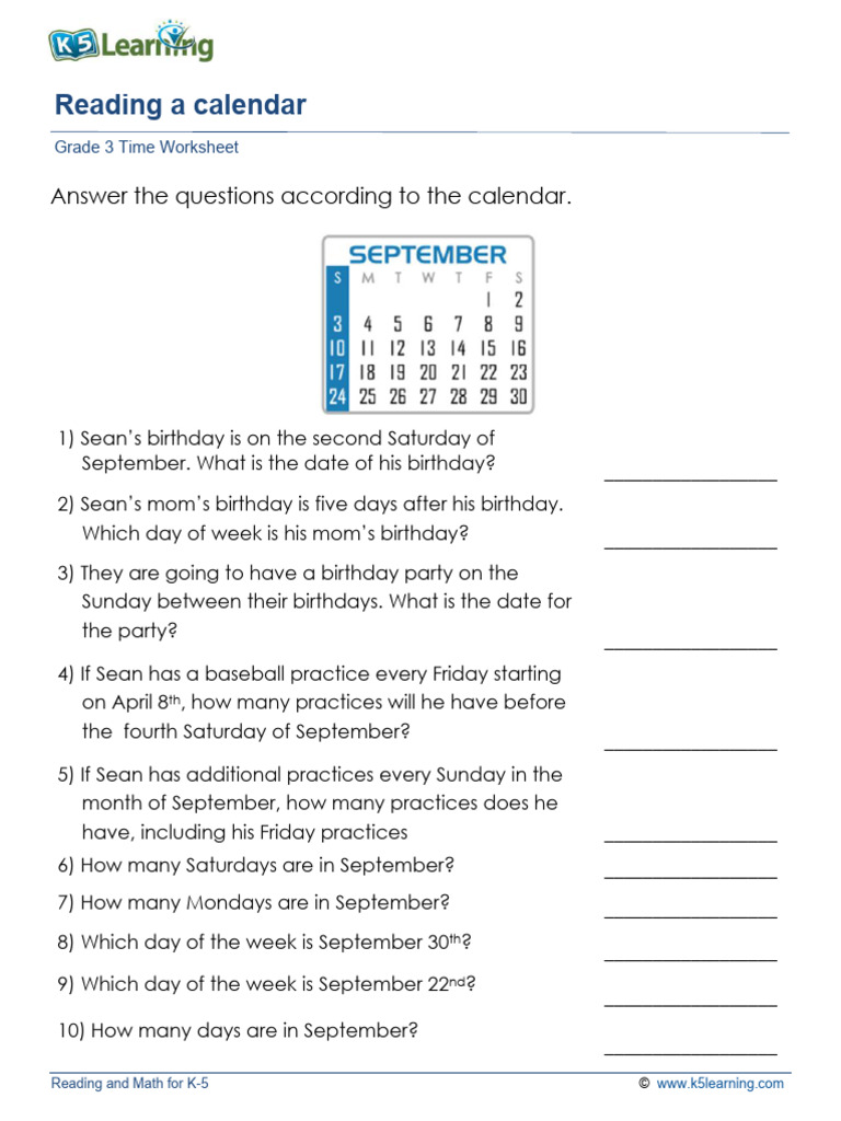 K-5 Calendar Math Worksheet Answers | PDF