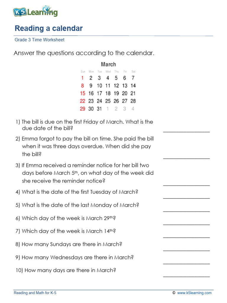 Grade 3 Calendar Reading Worksheet | PDF