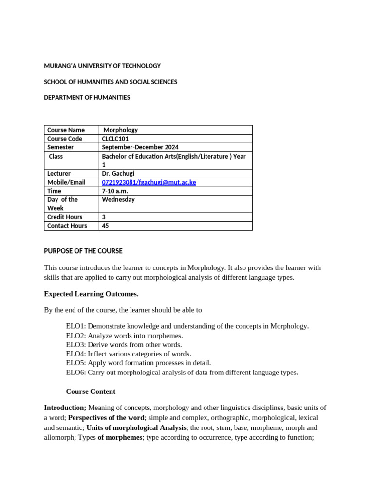 Morphology Course Outline-24 | PDF | Morphology (Linguistics) | Word