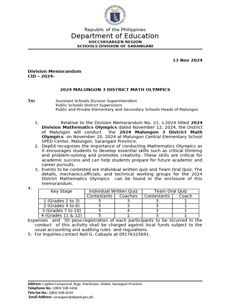 MALUNGON 3 District MATH OLYMPICS 2024 Team and Individual Quiz mEMO | PDF | Middle Schools