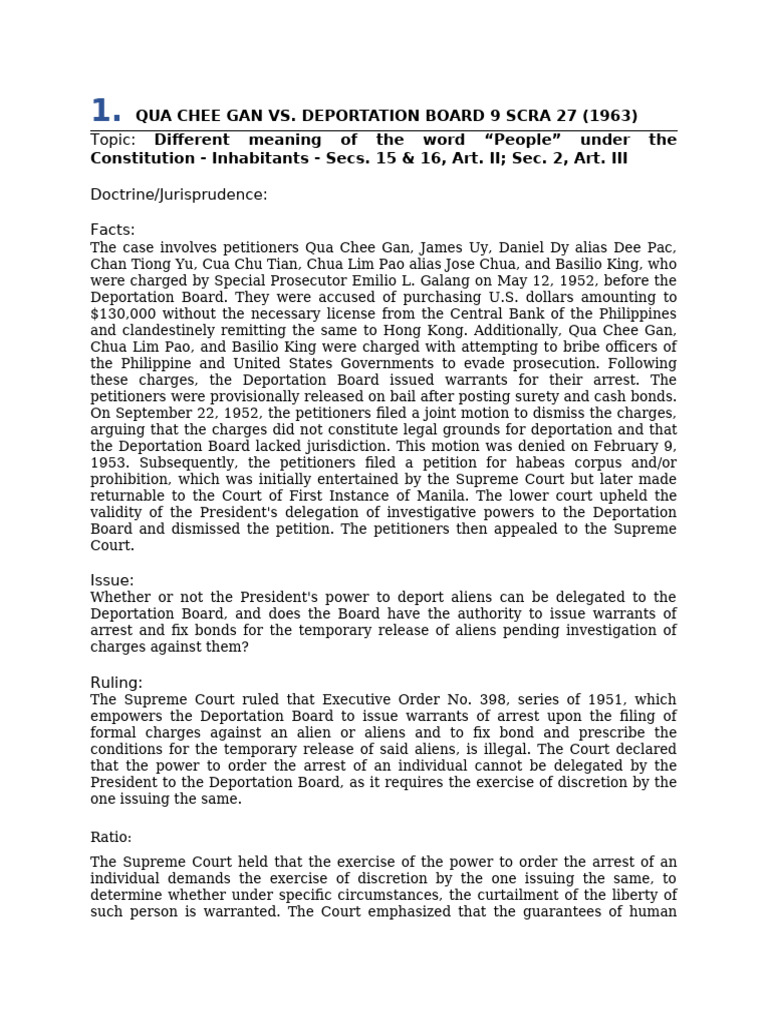 Qua Chee Gan vs. Deportation Board 9 Scra 27 (1963) | PDF | Arrest | Bail