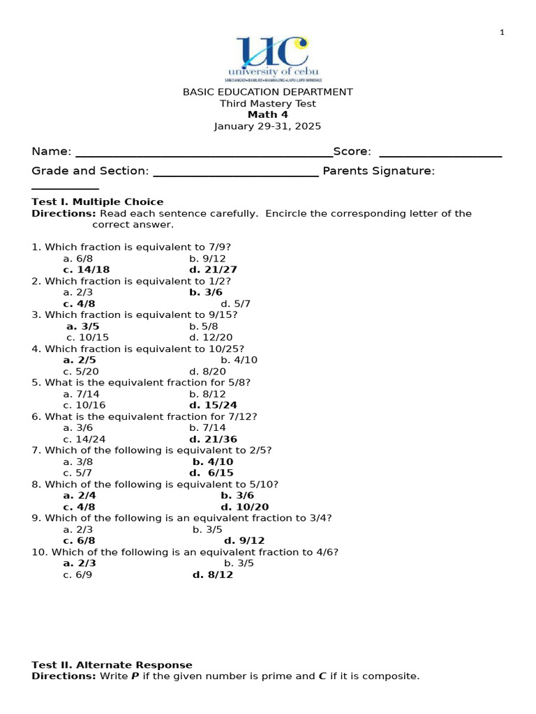 MATH 4_Q3 Mastery Test | PDF | Mathematics