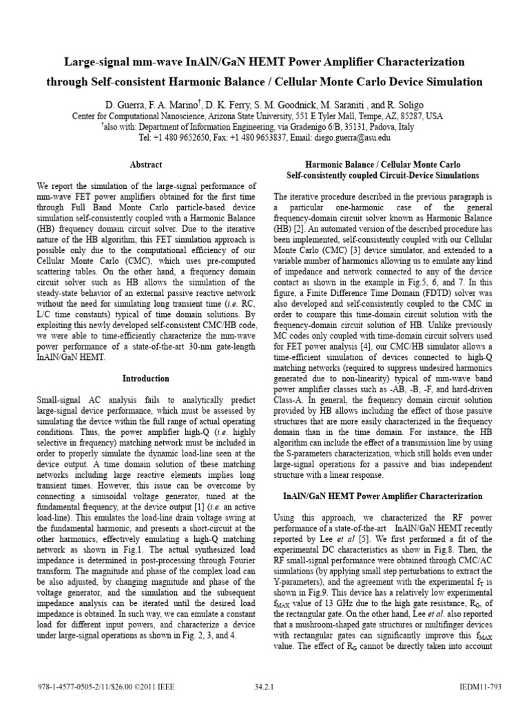 Large-Signal Mm-Wave InAlN GaN HEMT Power Amplifier Characterization Through Self-Consistent ...