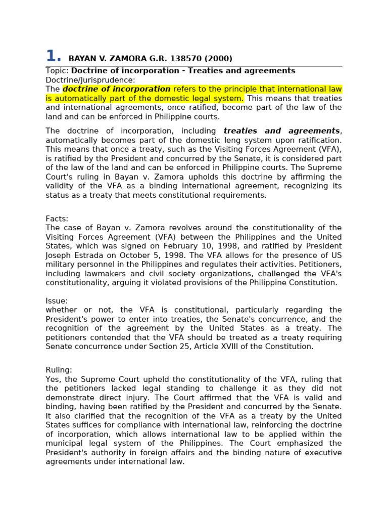 VFA Constitutionality in Bayan v. Zamora | PDF | Treaty | Ratification