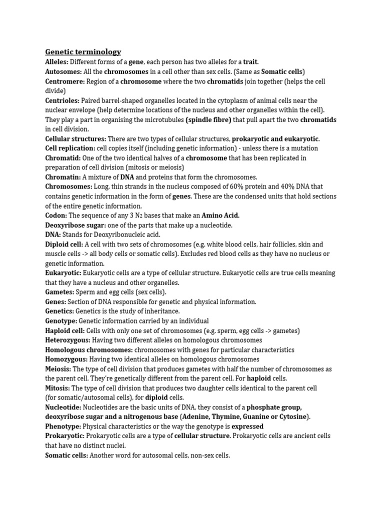 Y10 Biology Terminology Handbook | PDF | Meiosis | Chromosome