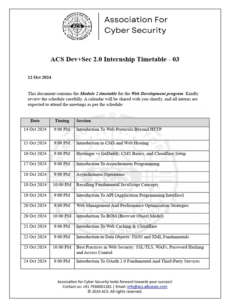 0x3 ACS Dev+Sec 2.0 Internship Timetable | PDF