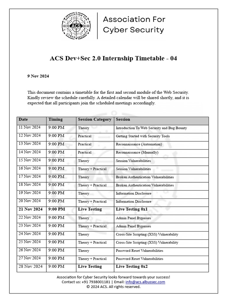 ACS Web Security Internship Schedule | PDF | Cyberspace | Crime Prevention