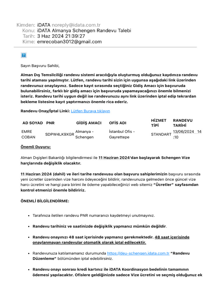 IDATA Almanya Schengen Randevu Talebi | PDF