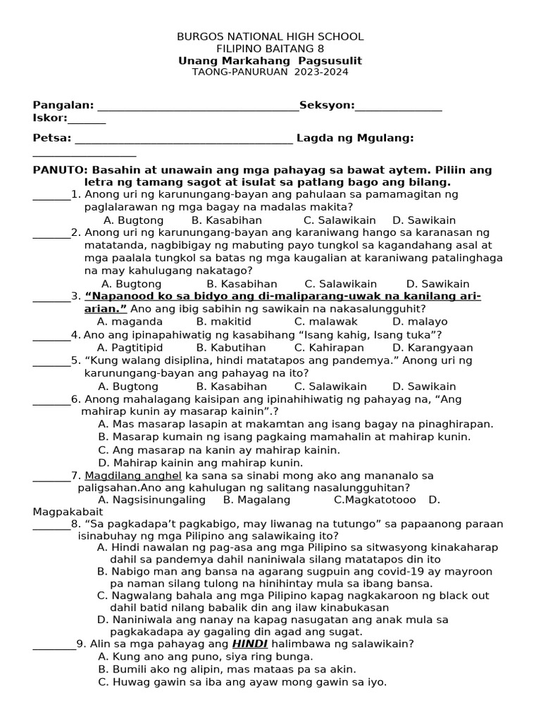 FIL 8 - 1st Quarter Exam | PDF