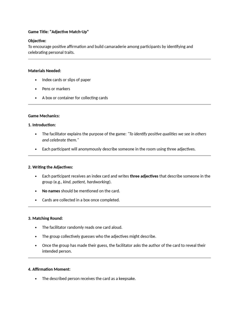 ADJECTIVE MATCH UP GAME | PDF
