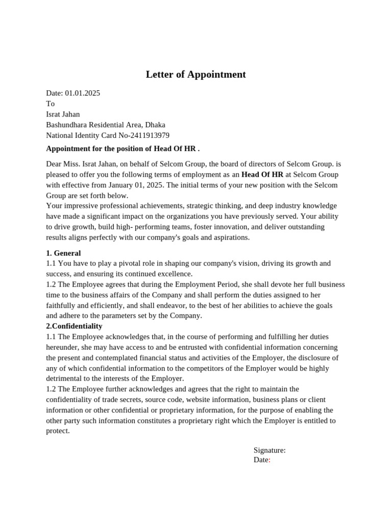 Appointment Letter for Head of HR | PDF | Employment | Sexual Harassment