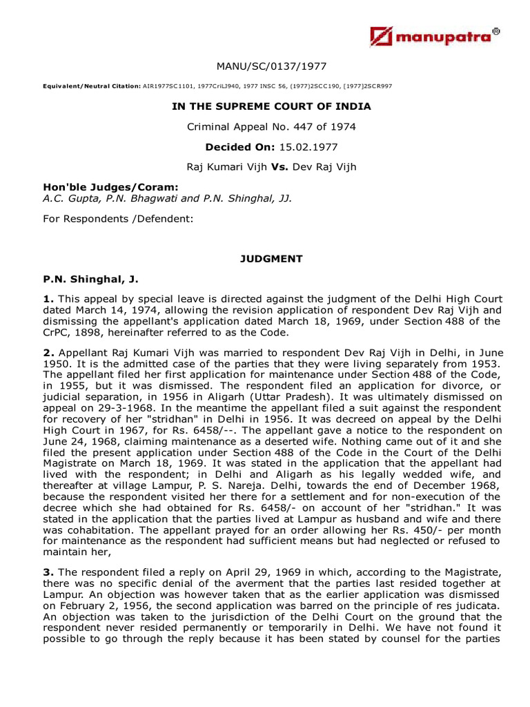 Raj Kumari Vijh Vs Dev Raj Vijh 15021977 SCs770137COM215911 | PDF ...