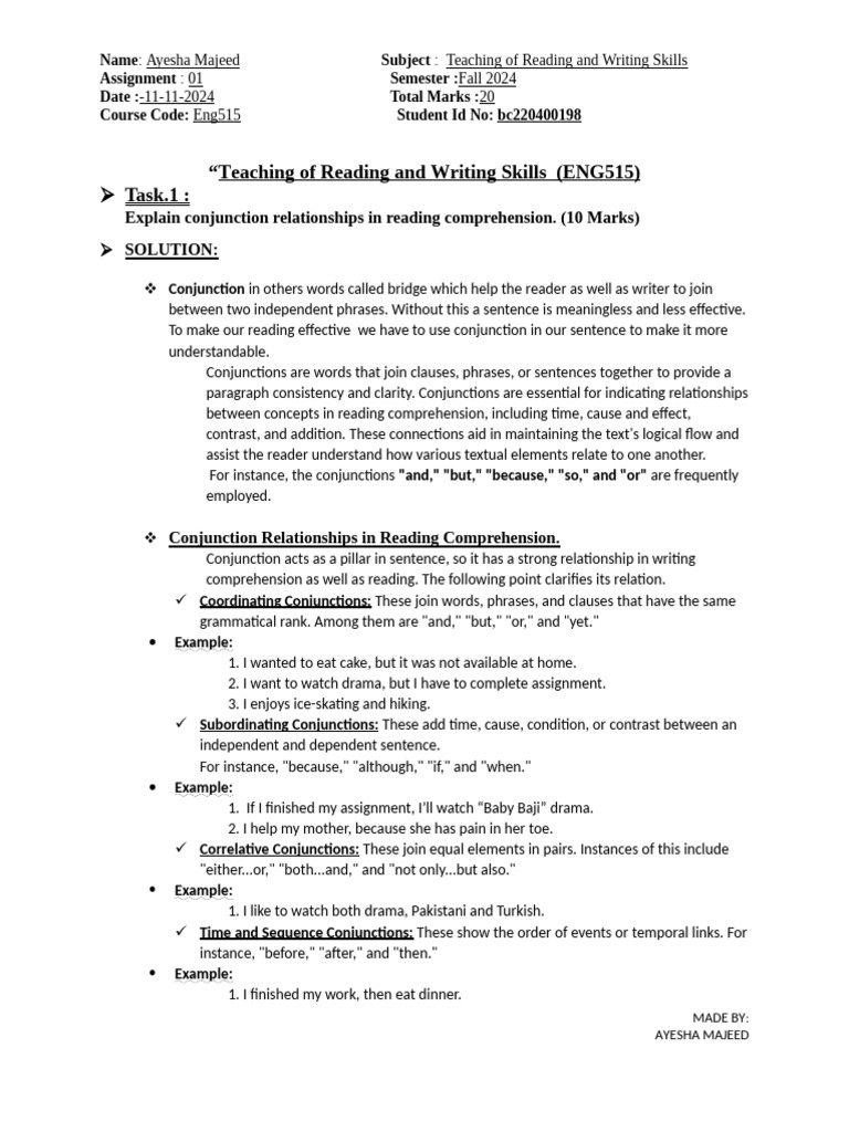 Conjunctions in Reading & Writing | PDF | Reading Comprehension ...