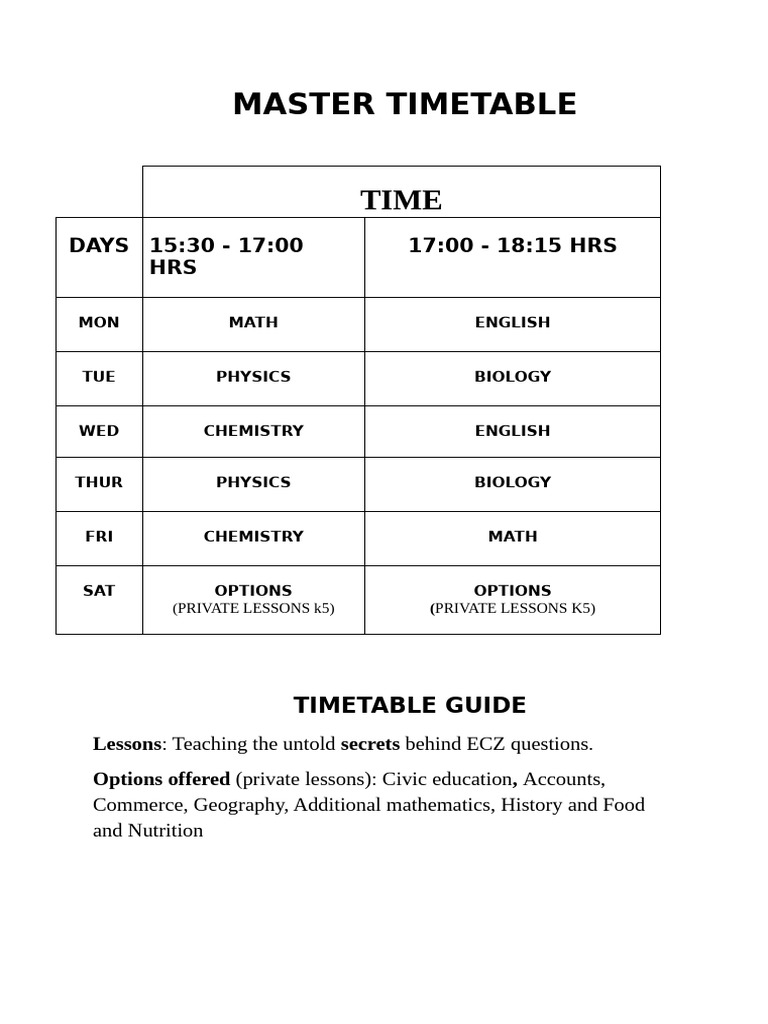 Master Timetable Pizzo Internal | PDF