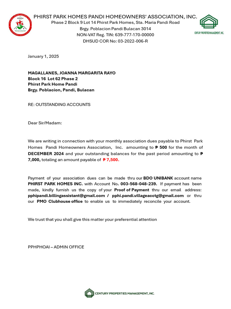 Outstanding Dues Notification for Joanna Rayo | PDF