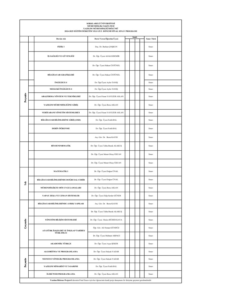 2024-2025 Yazilim Mühendisliği Güz Dönemi Final Sinav Programi | PDF