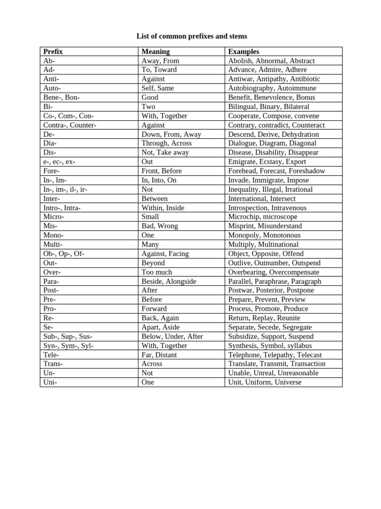 Common Prefixes and Stems List | PDF