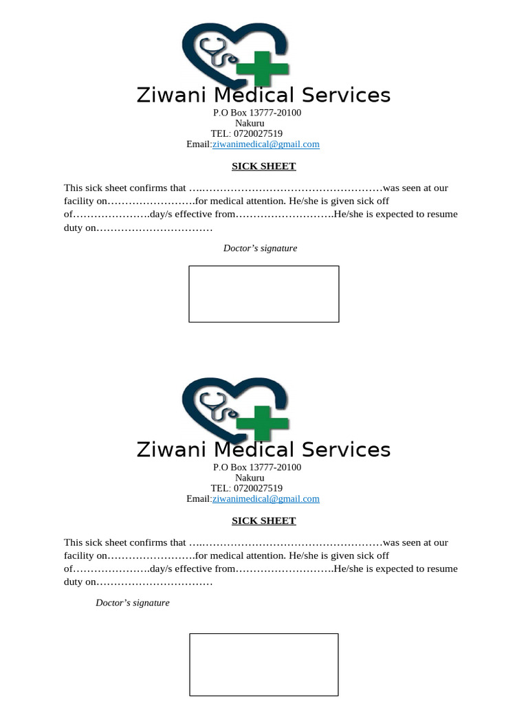 Ziwani Sick Sheet New | PDF