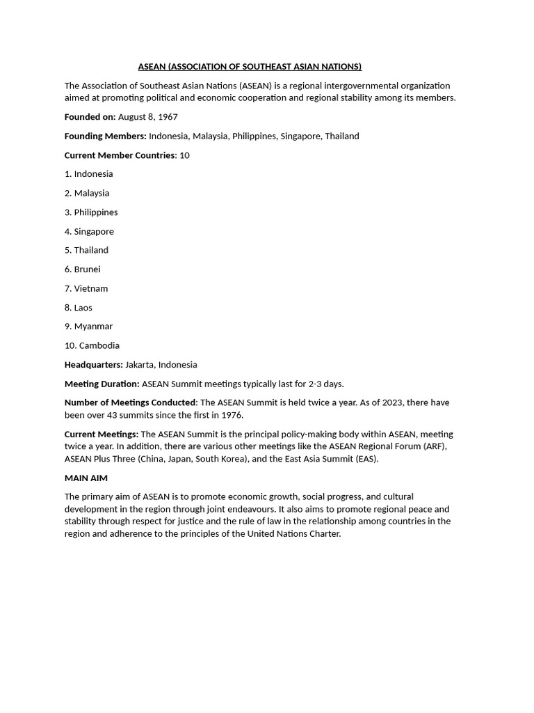 Overview of ASEAN: Goals and Members | PDF