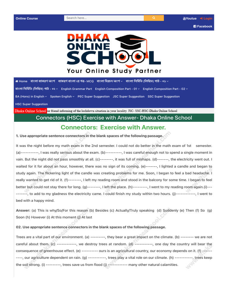 Connectors (HSC) Exercise With Answer- Dhaka Online School Dhaka Online School | Largest Online ...