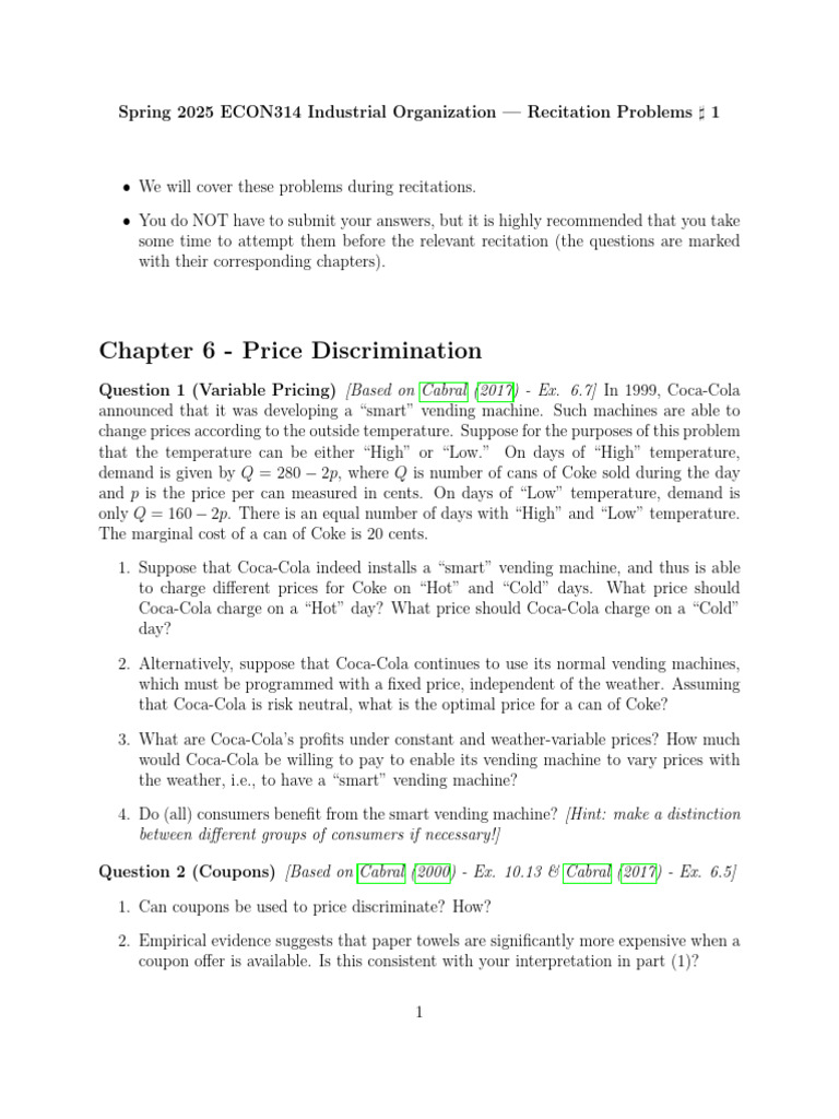 IO Recitation Problems 1 | PDF | Price Discrimination | Demand