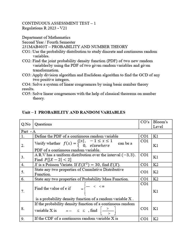 PNT- Question Bank | PDF | Probability Density Function | Probability Distribution