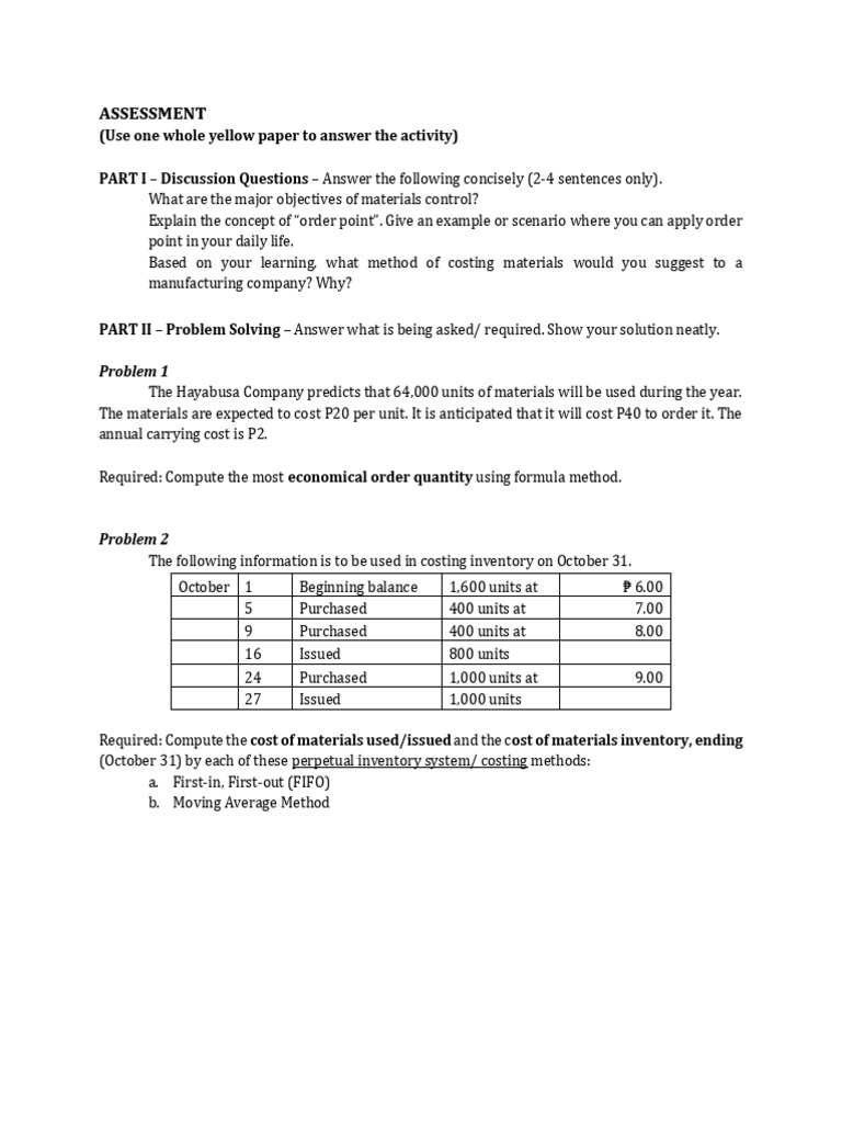 Materials Control and Costing Assessment | PDF