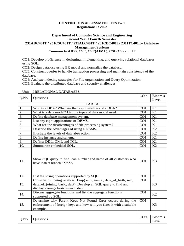231CSC401T - DBMS Cat 1 QB | PDF | Databases | Sql