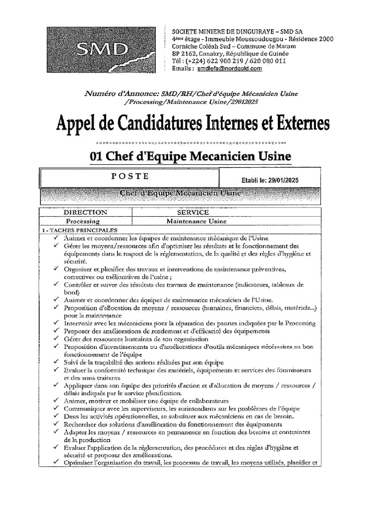 Appel a candidature interne et externe Chef d'Equipe Mecanicien Usine | PDF