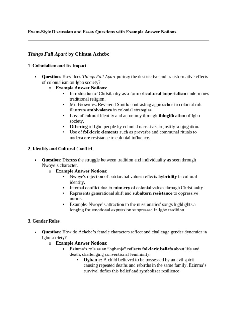 Essay Questions on Things Fall Apart | PDF
