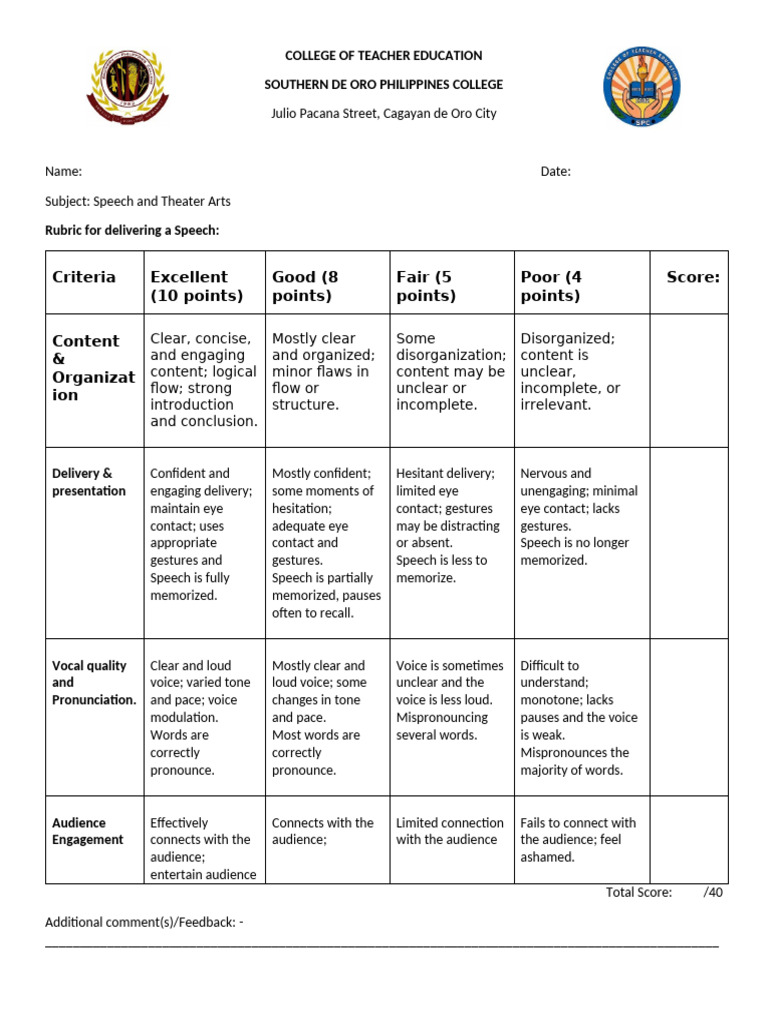 Speech Delivery Rubric for Students | PDF | Linguistics | Human ...