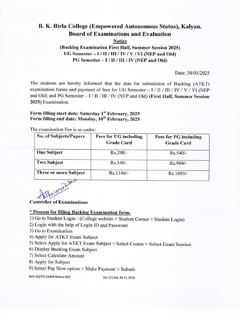 UG & PG Semester - I, II, III, IV, V, VI (NEP & Old) ATKT Examination Form and Fees Notice ...