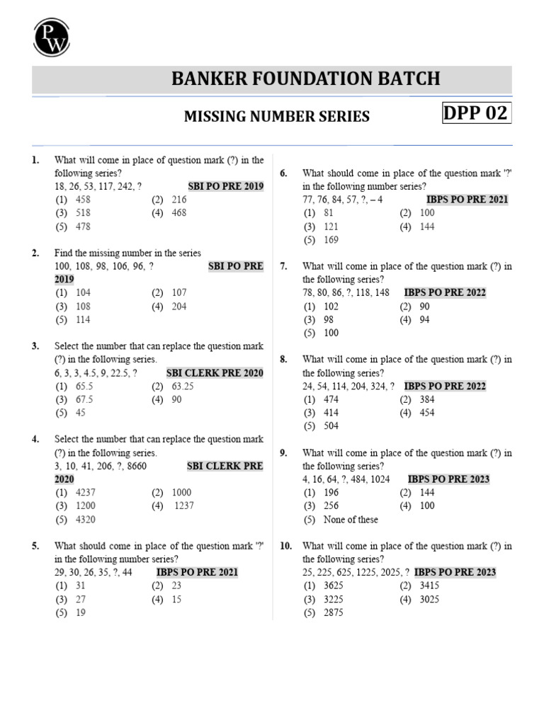 Missing Number Series _ DPP 02 (English) II Banker Foundation 2023 (Pre+Mains) | PDF