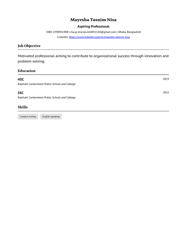 Mayesha - Tasnim CV 812 20250120173355 | PDF