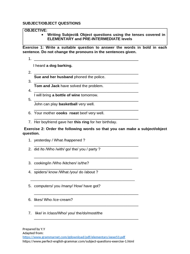 Subject and Object Questions Exercises | PDF | Subject (Grammar ...