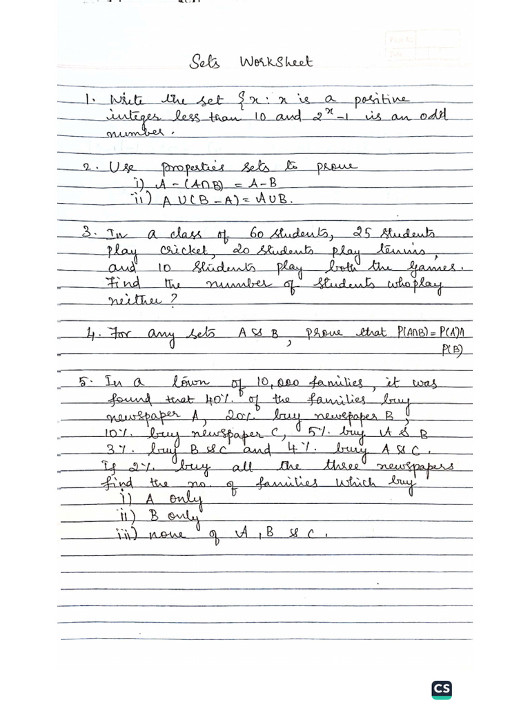 Class XI Worksheet | PDF