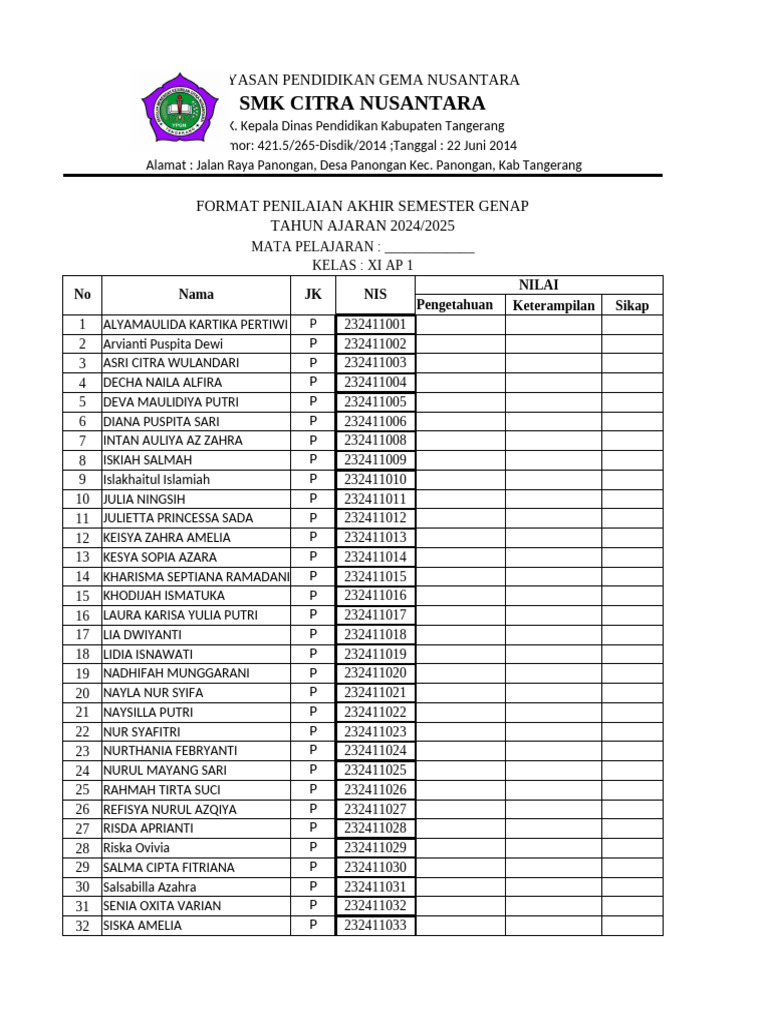 Format Nilai Pas 11 | PDF