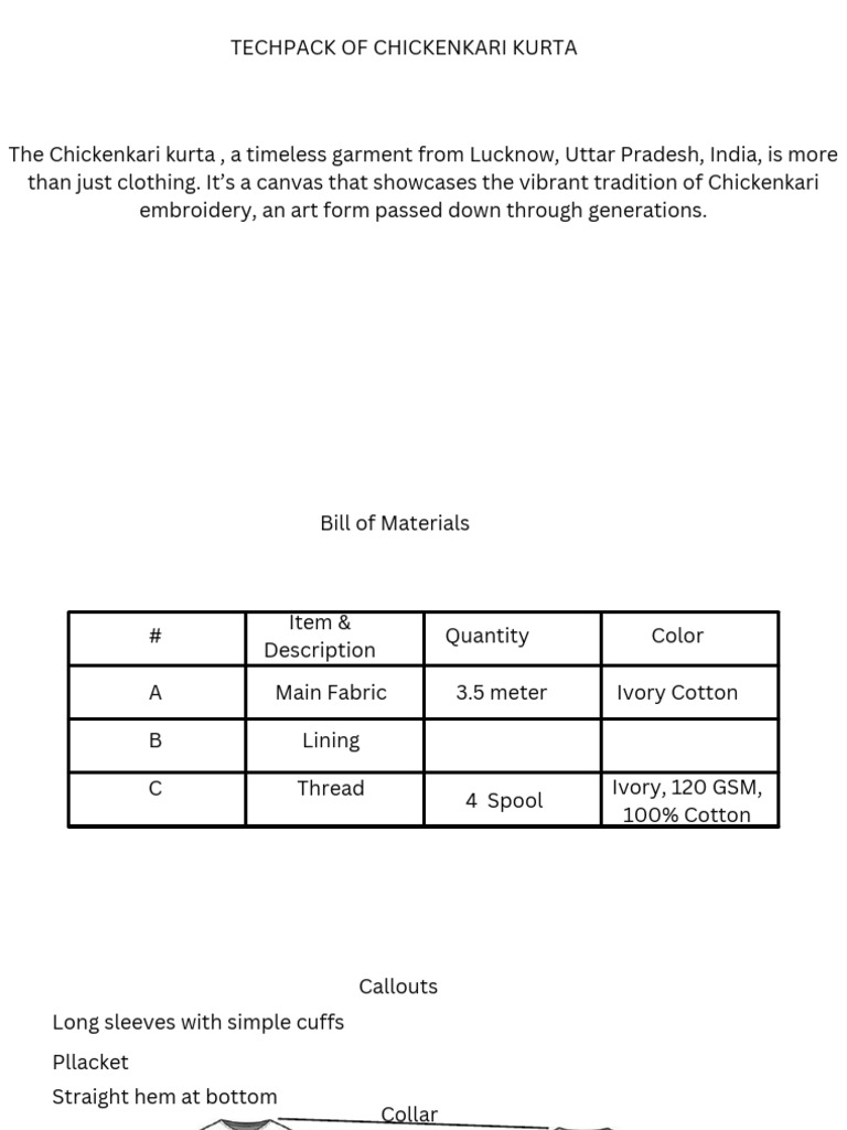 Techpack of Chickenkari Kurta | PDF | Seam (Sewing) | Sewing