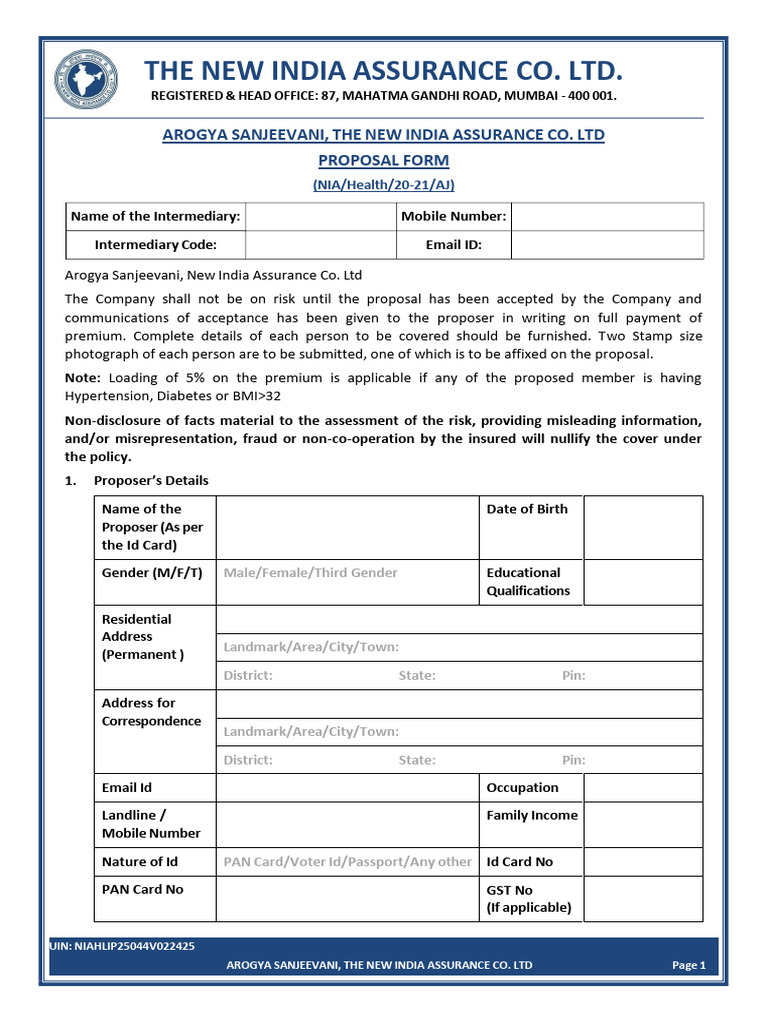 New India Arogya Sanjeevani Policy Proposal Form WEF 01 OCT 2024 | PDF ...