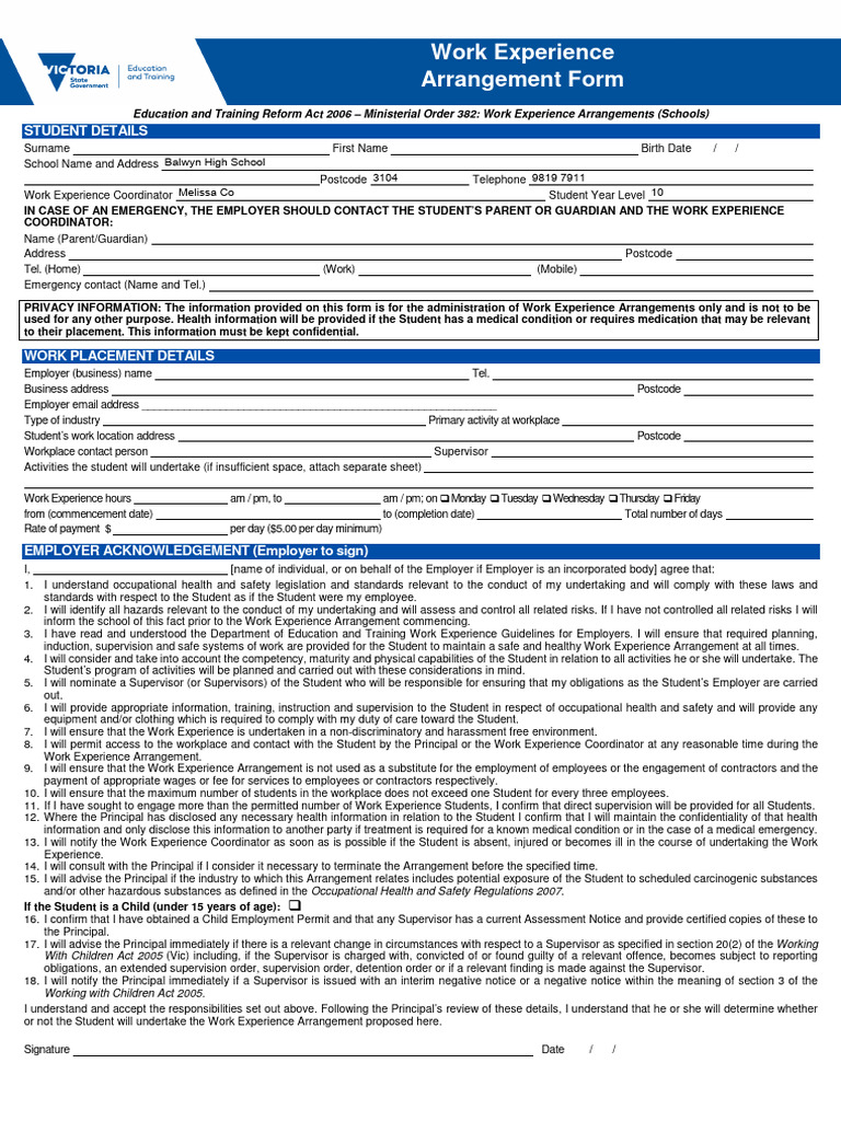 Work Experience Arrangement Form | PDF | Employment | Occupational ...