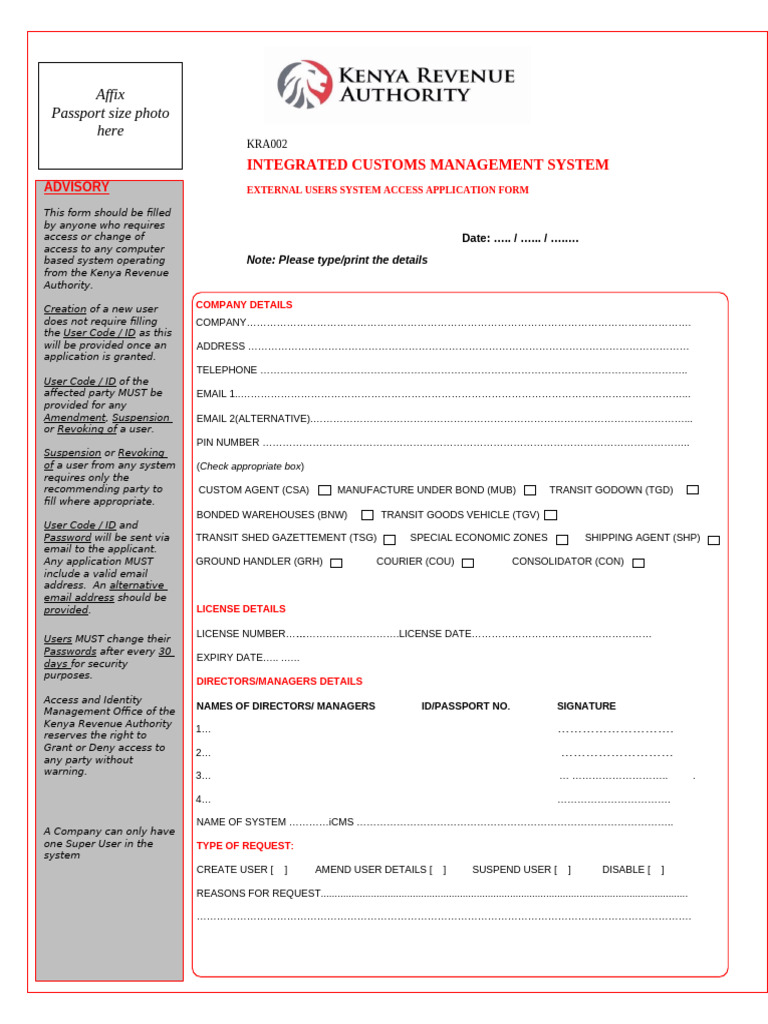 KRA iCMS External User Access Form | PDF | Computer Security | Security