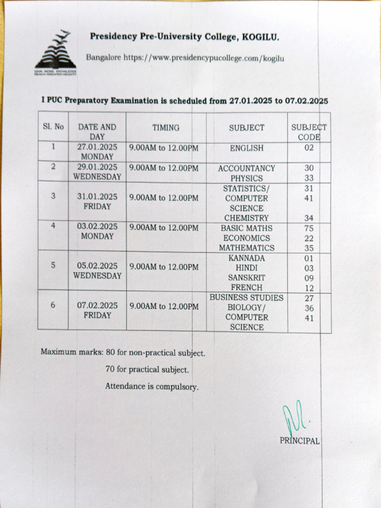 I PUC Preparatory Exam Circular | PDF