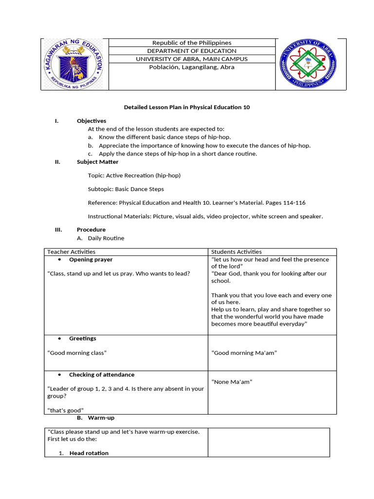 Copy 509817745 Detailed Lesson Plan in Physical Education 10 Hip Hop ...