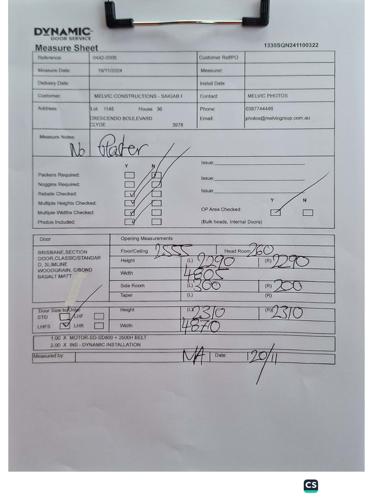 Garage Door Measure Sheet - Lot 1145 | PDF