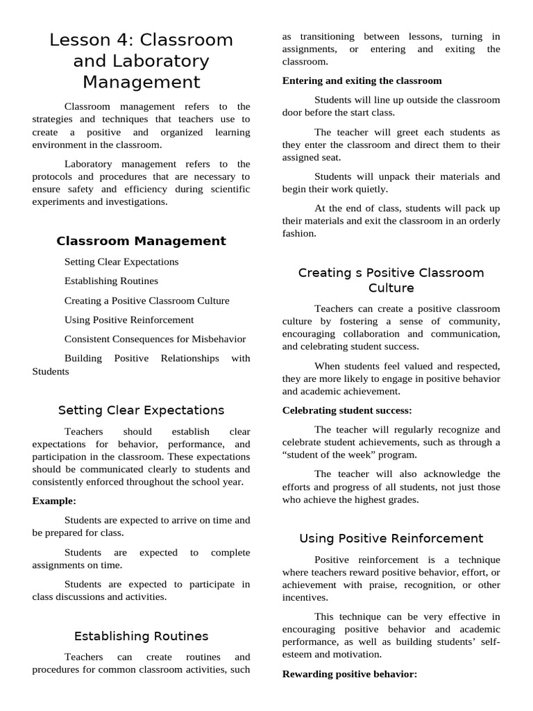 Lesson 4 - Classroom and Laboratory Management | PDF | Classroom ...