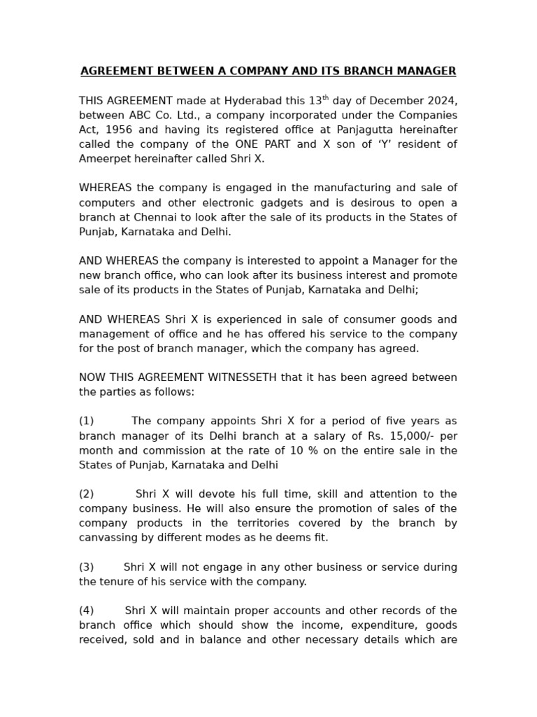Agreement Between A Company and Its Branch Manager | PDF