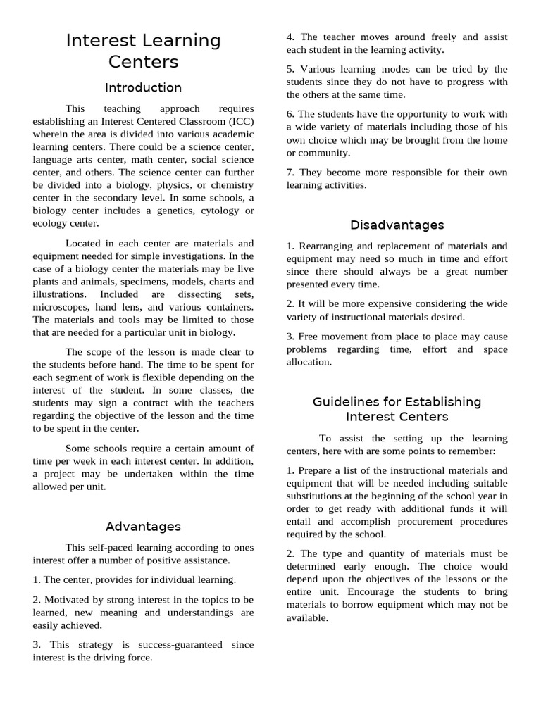 Lecture 9 Interest Learning Centers | PDF | Learning | Science